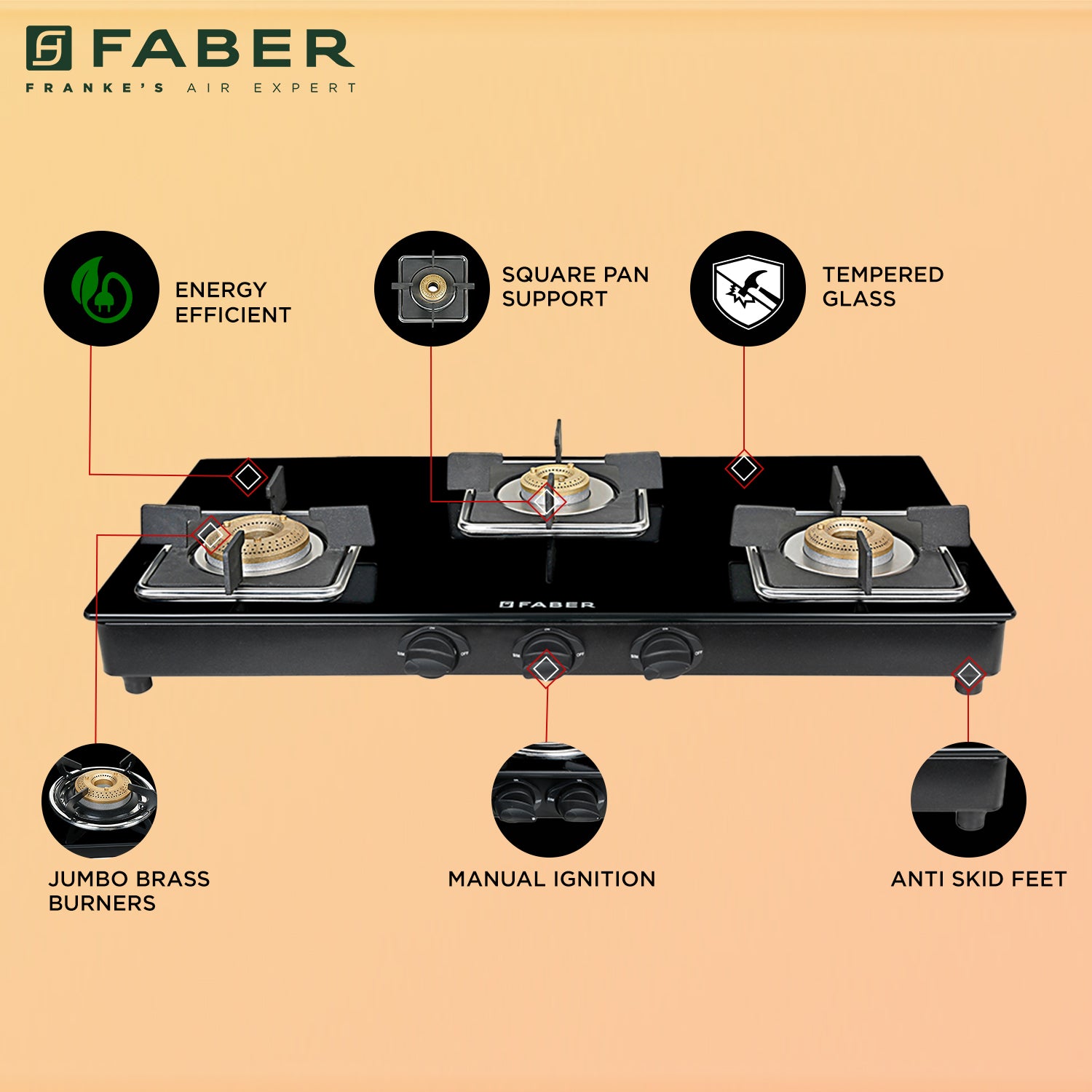 Faber manual ignition cooktop, black tempered glass cooktop, 3 brass ...